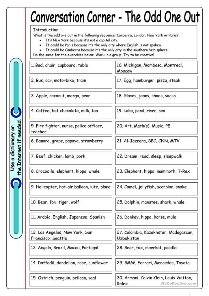 Conversation Corner The Odd One Out Worksheet Free ESL Printable | DBT ...