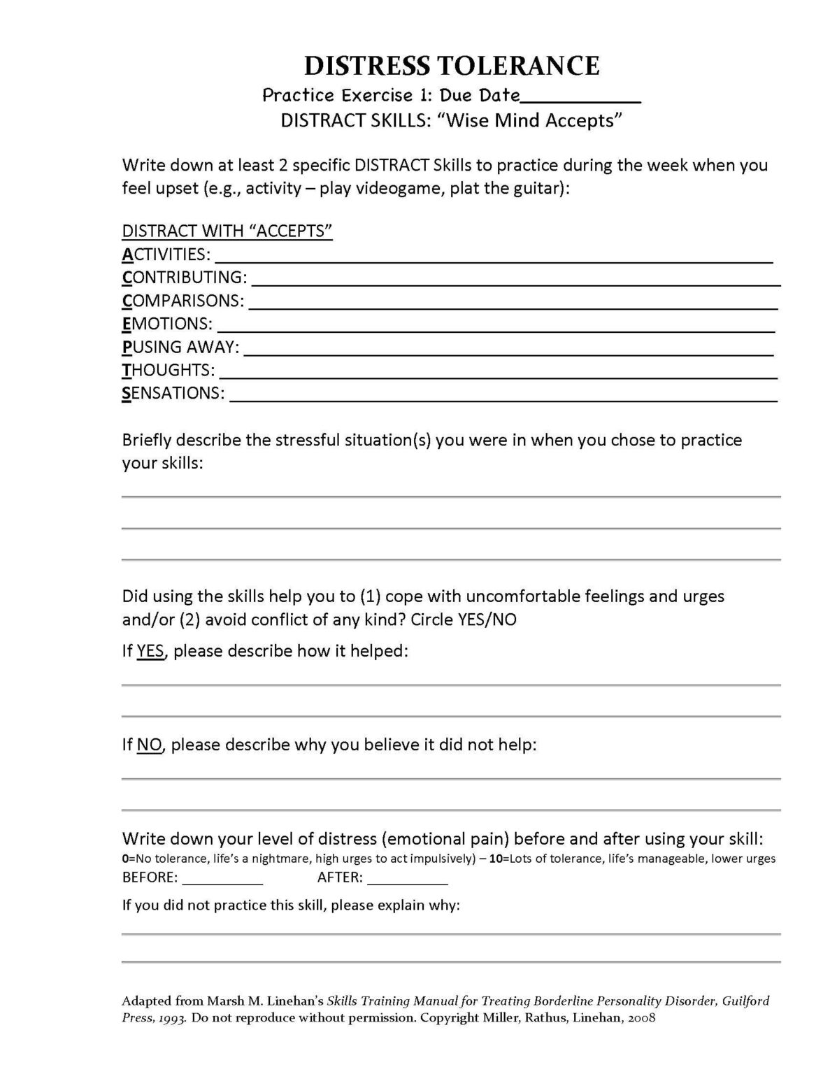 DBT Distress Tolerance ACCEPTS Exercise Homework Assignment 2 | DBT ...