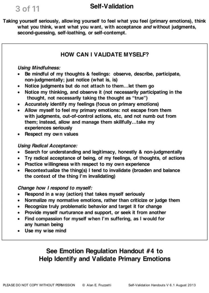 DBT Self Validation Of Emotion Self Help Tools Therapy Worksheets | DBT Worksheets