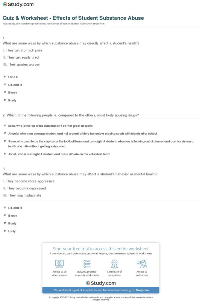 Quiz Worksheet Effects Of Student Substance Abuse Db Excel | DBT Worksheets