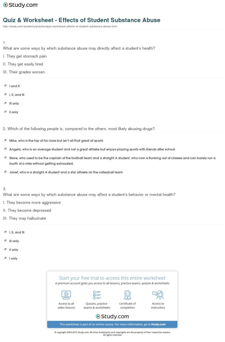 Quiz Worksheet Effects Of Student Substance Abuse Db Excel | DBT Worksheets