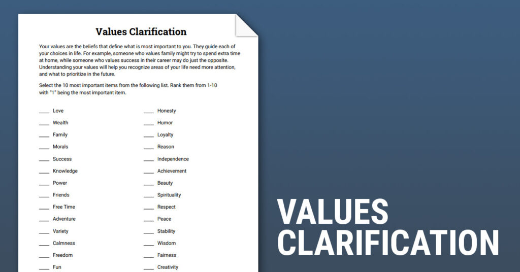 Values Clarification Worksheet Therapist Aid | DBT Worksheets